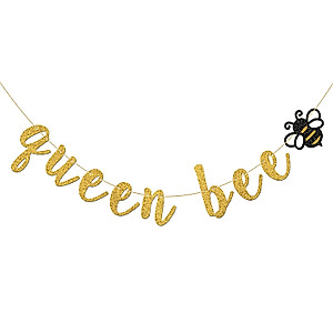 INNORU Queen Bee Banner, Bumble Bee Mom Birthday Party Decorations, Bee Party, Mommy to Be Sign Banner, Happy Birthday Mom Party Decoration Gold Glitter