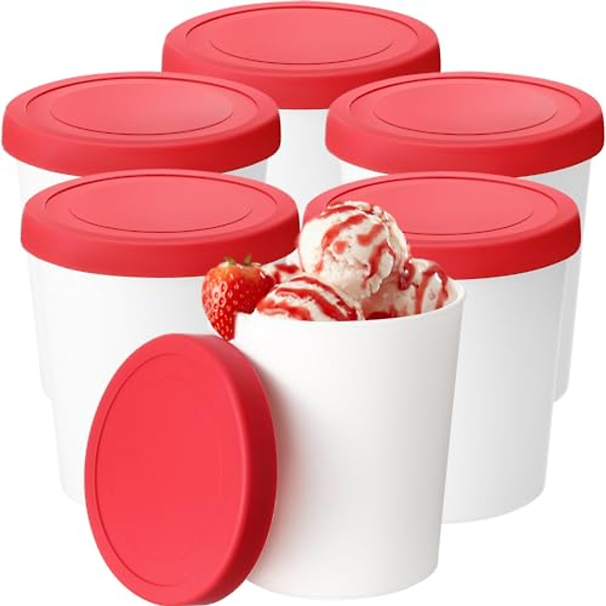 Tioncy 6 Pcs Ice Cream Containers 1 Quart Freezer Storage Tubs with Lids Reusable Round Ice Cream Tub for Homemade Ice Cream Sorbet Gelato Yogurt Storage (Red)