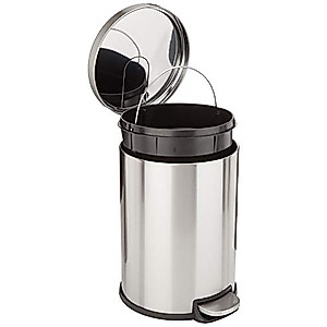 Amazon Basics Round Cylindrical Trash Can With Soft-Close Foot Pedal, 20 Liter/5.3 Gallon, Brushed Stainless Steel