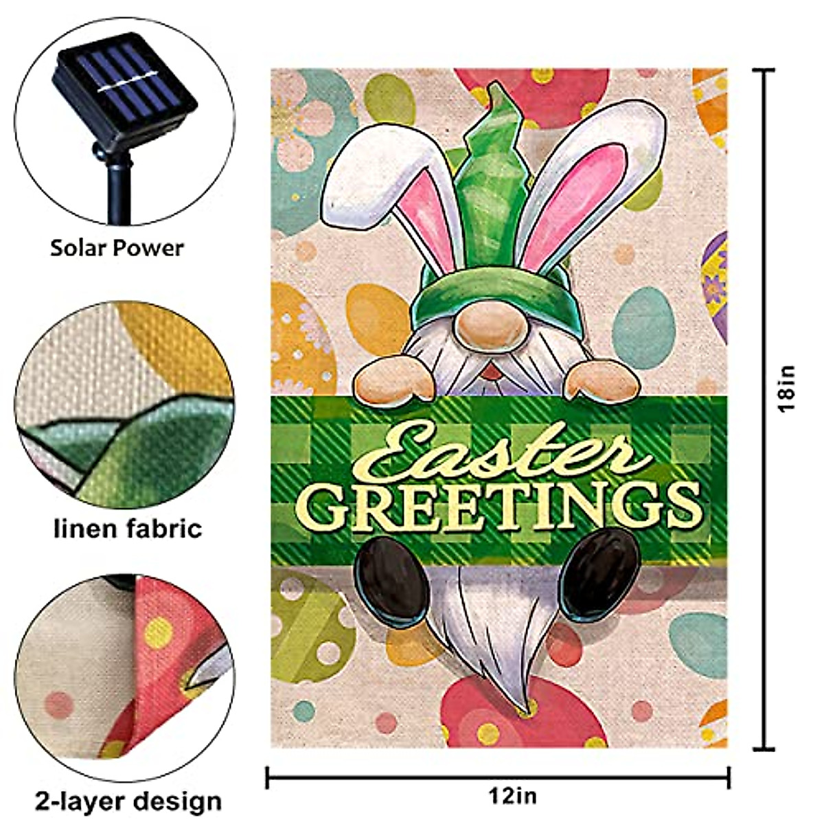 Happy Easter Light Up Garden Flag, Gnomes Solar Easter Greetings Ligthed Flag with Flagpole Spring Outside Yard Outdoor Home Decoration 12×18 Inch