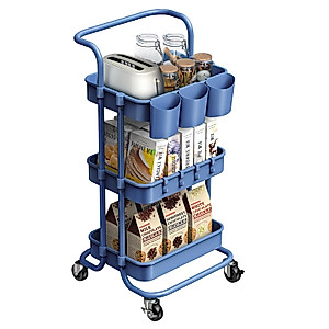 alvorog 3-Tier Rolling Utility Cart Storage Shelves Multifunction Storage Trolley Service Cart with Mesh Basket Handles and Wheels Easy Assembly for Bathroom, Kitchen, Office (Color Navy Blue)