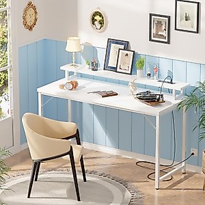 iSunirm 55 inch Computer Desk with Power Outlets, Office Desk Gaming Desk with LED Lights, Home Office Desk with Monitor Shelf, Modern Work Desk Study Writing Table for Bedroom, Pure White