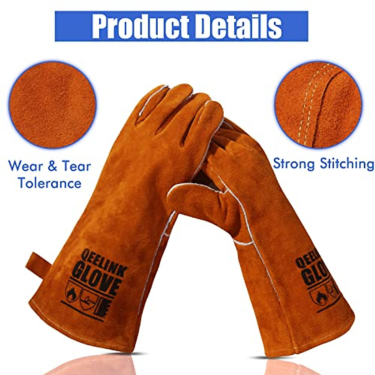 QeeLink Welding Gloves - Heat & Wear Resistant Lined Leather and Fireproof Stitching - For Welders/Fireplace/BBQ/Gardening, 16-Inch