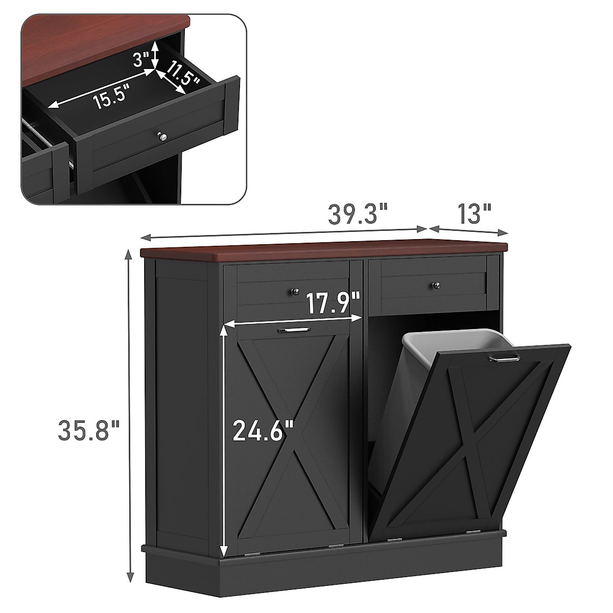 TOLEAD Double Tilt Out Trash Cabinet Free Standing 10 Gallon Recycling Trash Can Cabinet with Barn Door for Farmhouse Kitchen,Living Room, Dining Room, Black