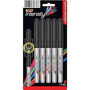 BIC Intensity Black Permanent Markers, Fine Point, 5-Count Pack of Black Markers With Non-Slip Grip for Comfort and Control