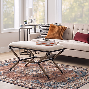 Linon Farrow Linen Upholstered Metal Campaign Stool, Black/Natural