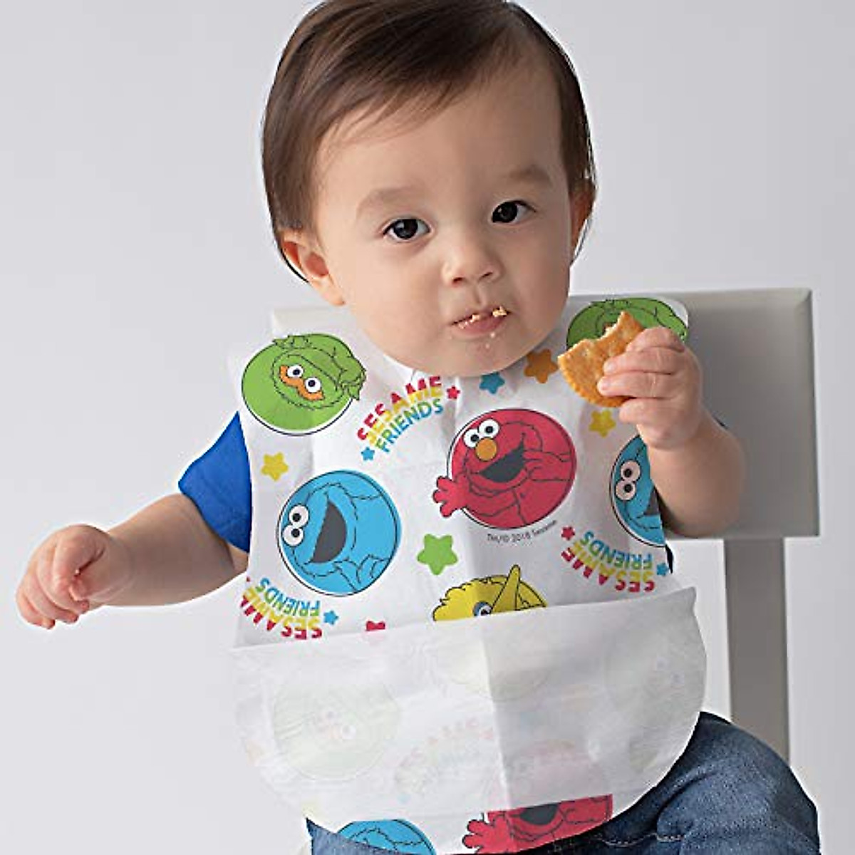 Bibsters Sesame Street Large Disposable Bibs with Patented Crumb-Catcher, Leakproof Liner, and Reusable Fastener -Age 6 Months and Up 32 count (Pack of 1)