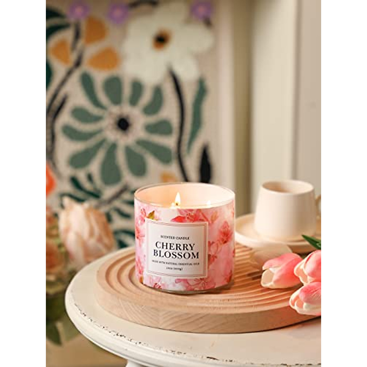 Spring Candle Cherry Blossom Scented Candle 3 Wicks Large Jar, 14 oz