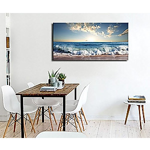 Ocean Canvas Wall Art Beach Sunset Waves Coast Nature Pictures Modern Artwork Blue Ocean Contemporary Canvas Art Giclee Prints Summer Season Painting Framed Ready to Hang for Home Decoration 20" x 40"
