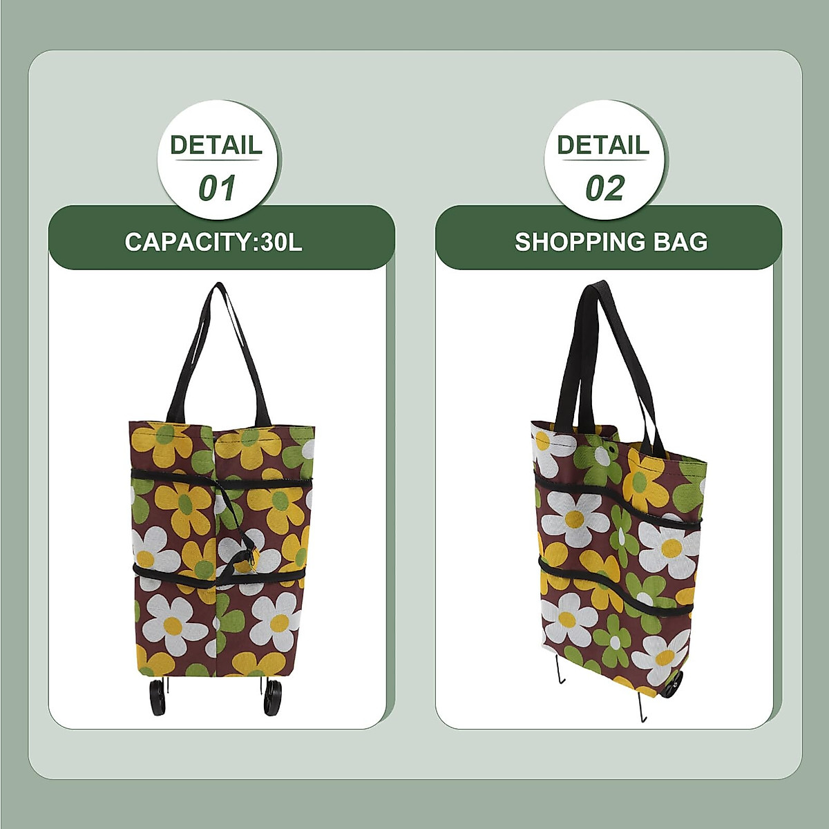 Tofficu Foldable Shopping Cart Trolley Folding Shopping Bag Portable Sunflower Pattern Bag with Wheels Collapsible Food Bag for Shopping Travel