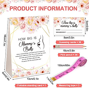 Set of 76 Baby Shower Game Kit How Big is Mommy's Belly Sign Guessing Baby Game Sign with Guessing Cards Pencils Measuring Tape for Baby Shower Gender Reveal Party Game (Floral Style)