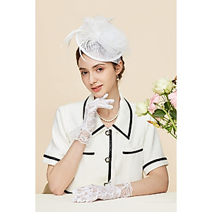 Gionforsy Fascinators Hats for Women Feather Kentucky Derby Hats with Pearl Necklaces Lace Gloves Wedding Veil Hat (US, Alpha, One Size, White)