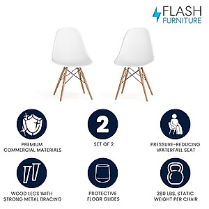 Flash Furniture Elon Series Plastic Modern Dining Chairs with Wooden Legs, Mid-Century Side Chairs for Dining Rooms and Offices, Set of 2, White