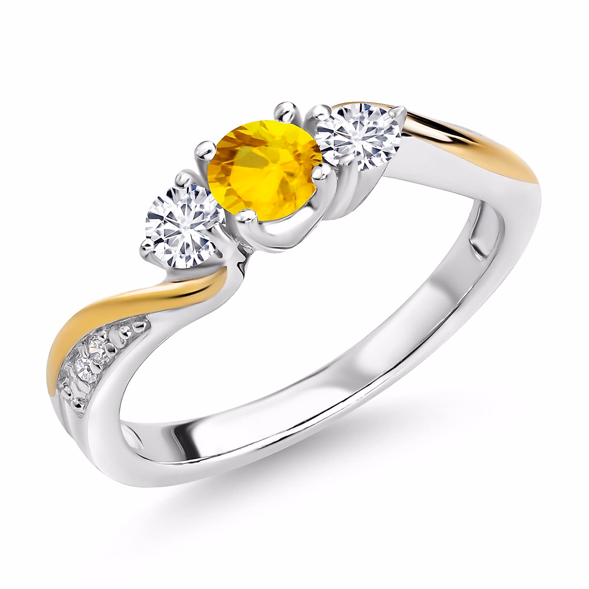 925 Sterling Silver and 10K Yellow Gold Yellow Sapphire and White Lab Grown Diamond 3 Stone Engagement Ring For Women (0.59 Cttw, Gemstone September Birthstone, Available In Size 5, 6, 7, 8, 9)