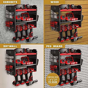 BUILTSTRONG Power Tool Organizer Wall Mount - 3-Tier Heavy-Duty Metal Hand Tool Storage Rack, Utility Racks, Drill Holder, PegBoard Side, & More - Garage Storage Cordless Tool Organizer (Red)