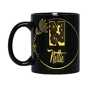 Coffee Mug Personalized Nettie Name & Initial Letter Monogram Floral Alphabet Mug Golden Flowers Custom Black Coffee Cup, Gift for Her Mom Coworker Sister, Wife, Girl 11oz Black Mug 110760
