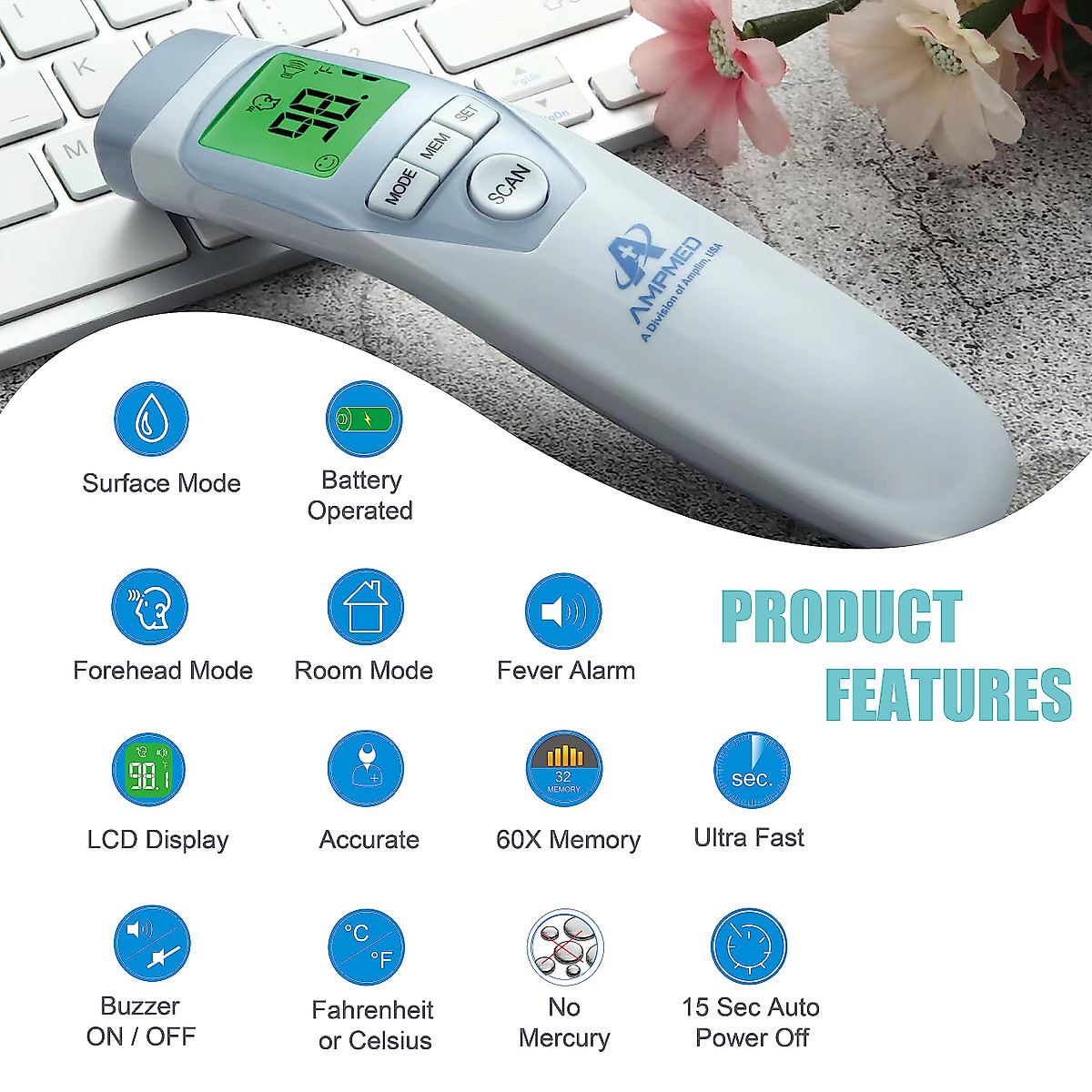 Amplim Hospital Medical Grade Non-Contact No-Touch Forehead Thermometer for Baby and Adults. Touchless Temporal Fever Thermometer, FSA HSA Approved Accurate and Fast Digital Baby Thermometer