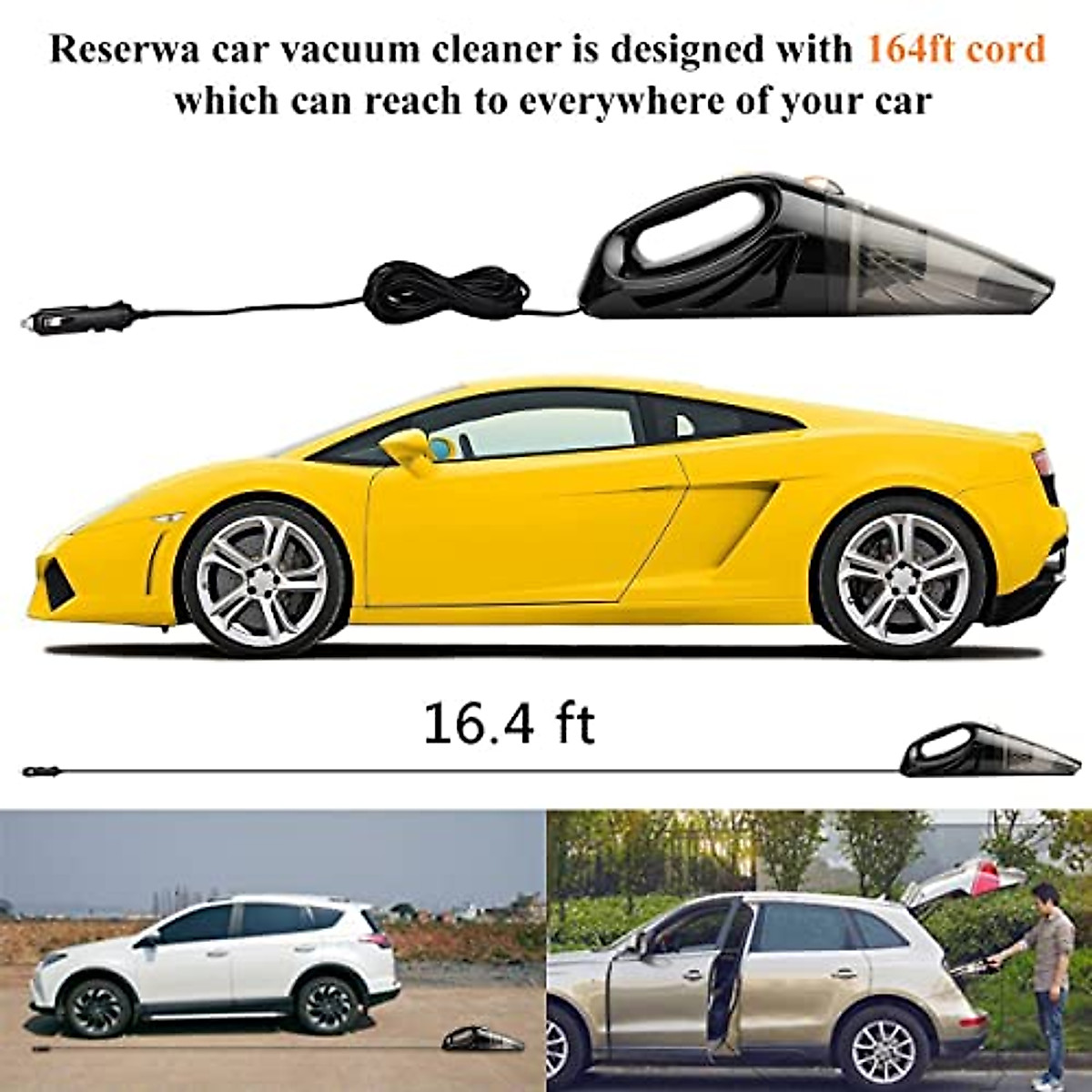Reserwa [5th Gen] 12V 106W Car 4500PA Much Stronger Suction Potable Handheld Auto Vacuum Cleaner with 16.4FT(5M) Power Cord, Carrying Bag, Cleaning Brush (Black)