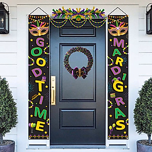 Mardi Gras Porch Sign, Mardi Gras and Good Time Roll Welcome Sign Hanging Banner for Indoor Outdoor Masquerade Party Supplies