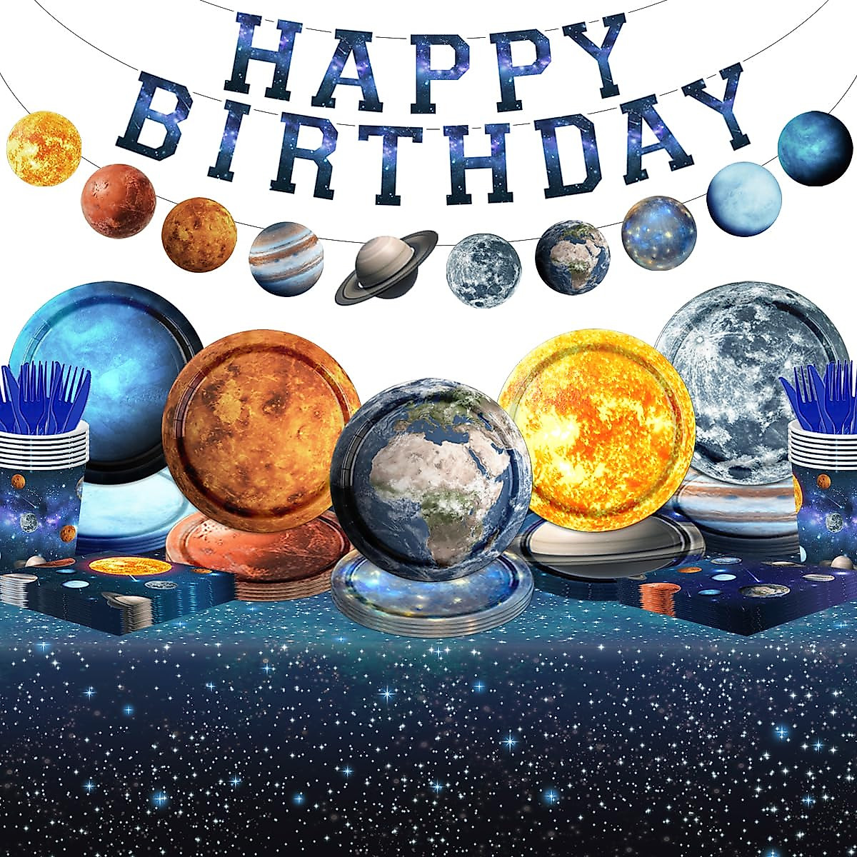 Space Theme Party Decorations-142Pcs Space Plates and Napkins Kit Galaxy Solar System Outer Space Tableware for Birthday Party