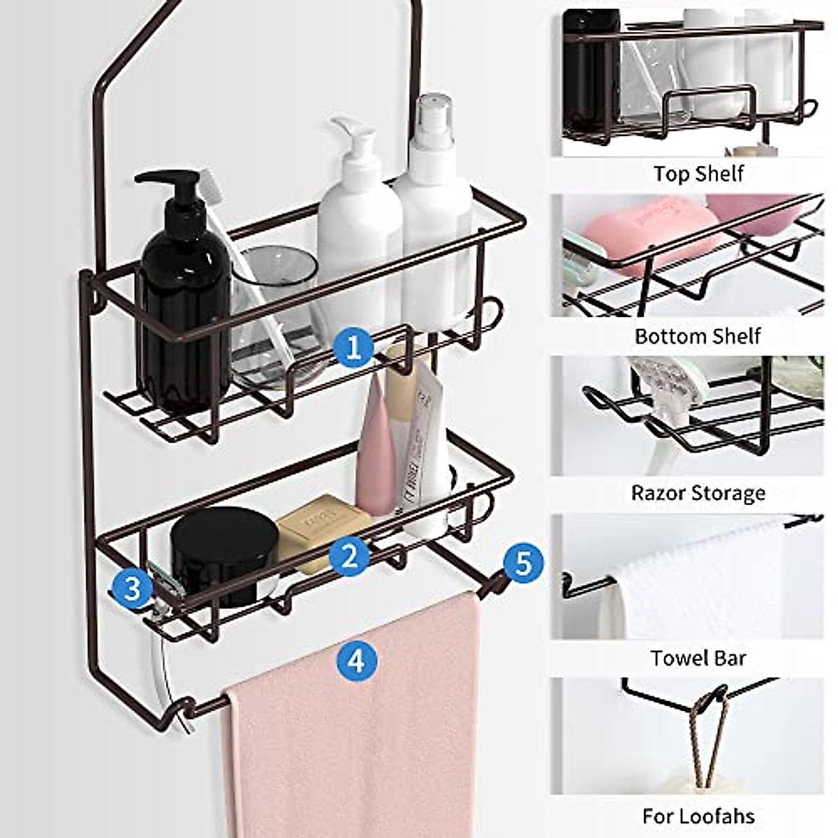 Shower Caddy Hanging over Shower Head Rust Roof Shower Organizer with 10 Hooks for Razor Shampoo Holder Bathroom Shower Rack Storage Shelf with Towel Bar – Bronze