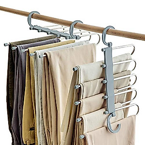 SOSOPIN Space Saving Pants Hangers Non-Slip Clothes Organizer 5 Layered Pants Rack for Scarf Jeans (Grey, 2 Pcs)