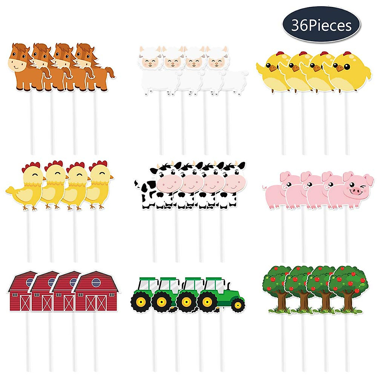 WERNNSAI Farm Cupcake Topper - 36 PCS Farm Animals Cake Topper Party Decorations for Kids Birthday Baby Shower Barnyard Cartoon Cupcake Topper Picks Party Supplies