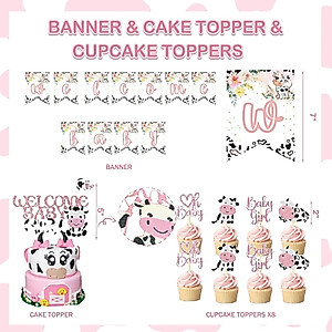 Cow Baby Shower Decorations for Girl, Fiesec Pink Farm Cow Themed Baby Shower Decorations Backdrop Balloon Garland Welcome Baby Banner Tablecloth Cake Topper Box Cutout Mom To Be Sash