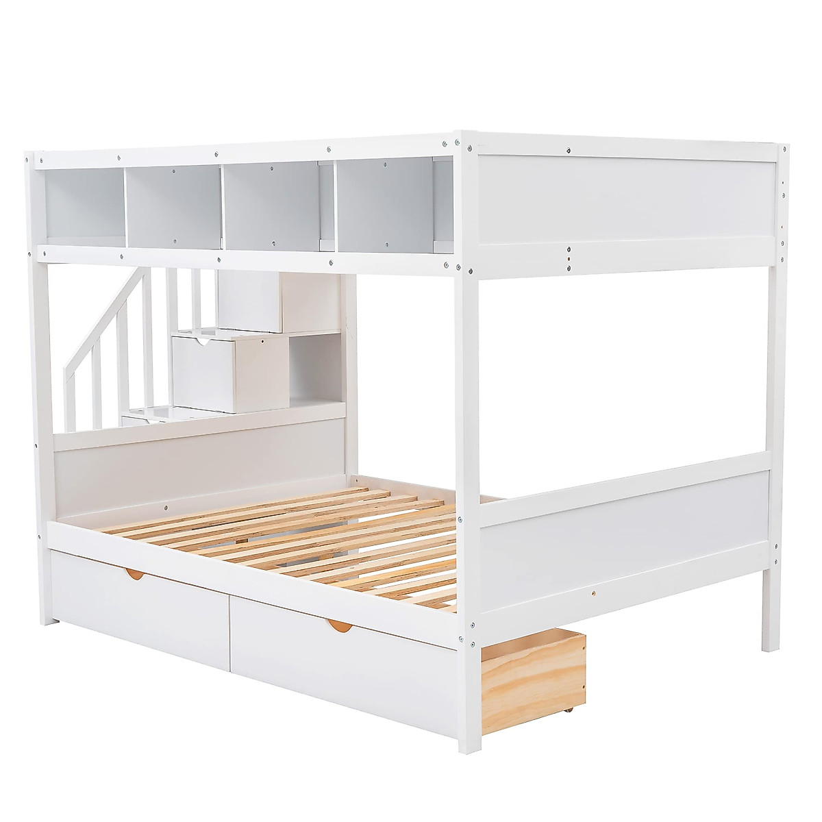 Harper & Bright Designs Twin Over Full Bunk Bed with Storage Staircase and 2 Drawers,Wood Bunk Bed Frame with 4 Storage Shelves for Kids Boys Girls Teens, No Box Spring Need,White