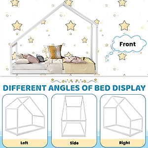 Merax Twin Bed Frames with Roof for Kids Girls Boys, Montessori Wooden House Shaped, Sturdy Framework, Easy Assembly, No Noise