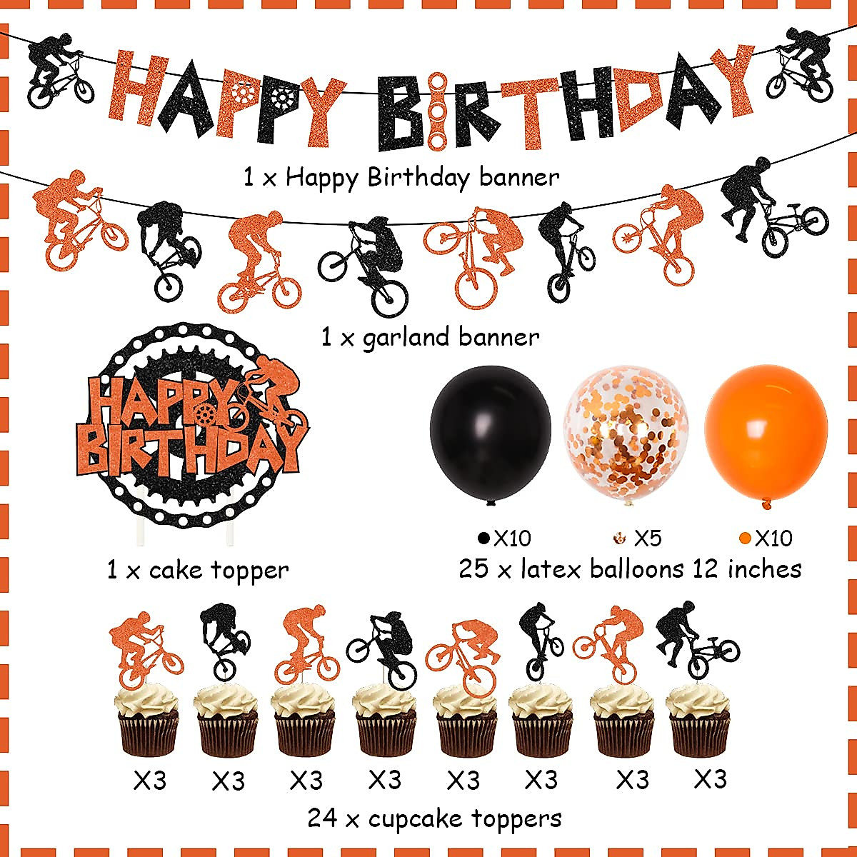 Bike Birthday Party Decorations Orange and Black Bicycle Motocross Party Decorations - BMX Happy Birthday Banner Bike Cake Topper Garland Balloons, Extreme Sports Party Supplies for Boys