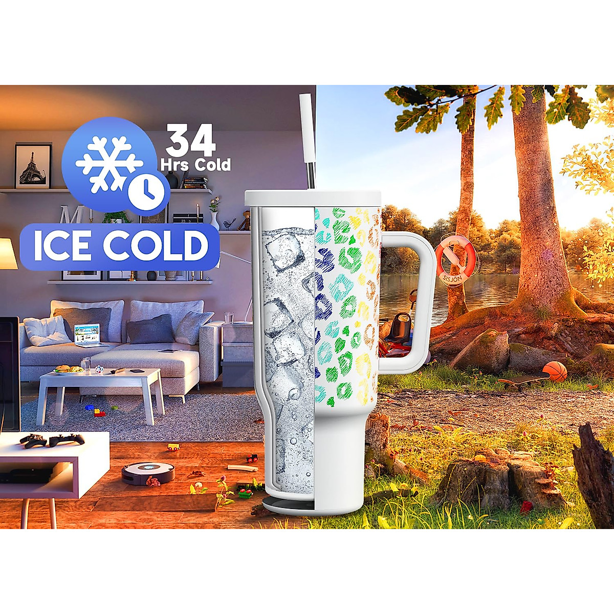 Meoky 40 oz Tumbler with Handle and Straw, 24 oz Insulated Tumbler with Lid and Straw, Stainless Steel Vacuum Insulated Tumbler, Keeps Cold, 100% Leak Proof, Fits in Car Cup Holder (Kiss)