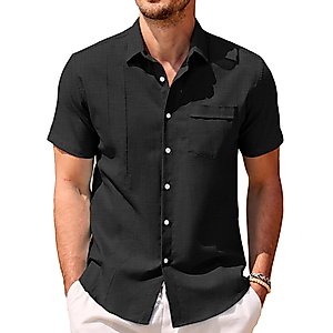 COOFANDY Mens Casual Button Down Shirts Short Sleeve Cuban Guayabera Shirt Summer Beach Top Linen Shirt Black