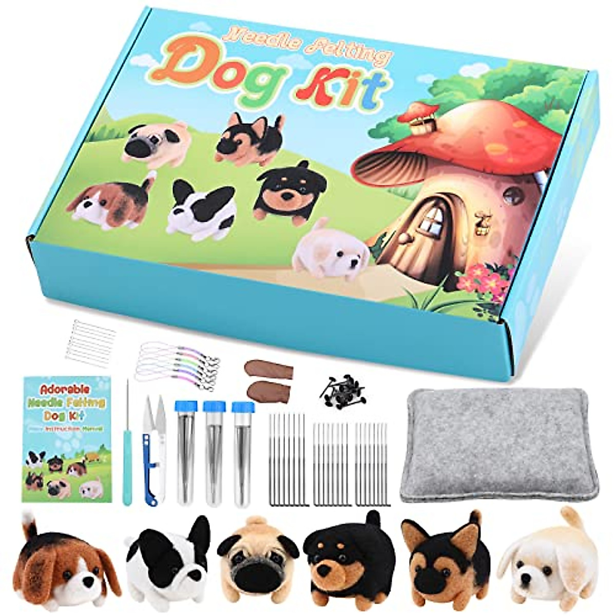 UOOU Needle Felting Kit, 61 Pcs Felt Dog Dolls Needle Felting Set with Felting Needles, Wool Roving, Felting Pad, Instruction Manual, Felting Beginner Tools for Felted Animal Needle Felting Supplies