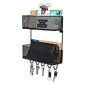 PAG Wall Mount Mail Organizer Double Basket Hanging Letter Sorter with 5 Key Hooks for Entryway/Kitchen/Mudroom/Home/Office, Black