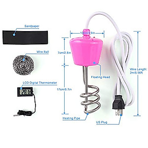 Resistance Water Heater, Immersion Heater 2000 W with Digital Thermometer Automatic Shut-Off Floating Electric Immersion Heater Made of Stainless Steel for Bathtub, Bucket, Pool (2 m)