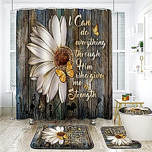 GUDAGUU 4 Piece Rustic Flower Shower Curtains Retro Bathroom Sets, Daisy Vintage Wooden Floral Waterproof Bath Decor with Non- Slip Rug U-Shape Mat Toilet Seat Pad Cover and Hooks (Brown)