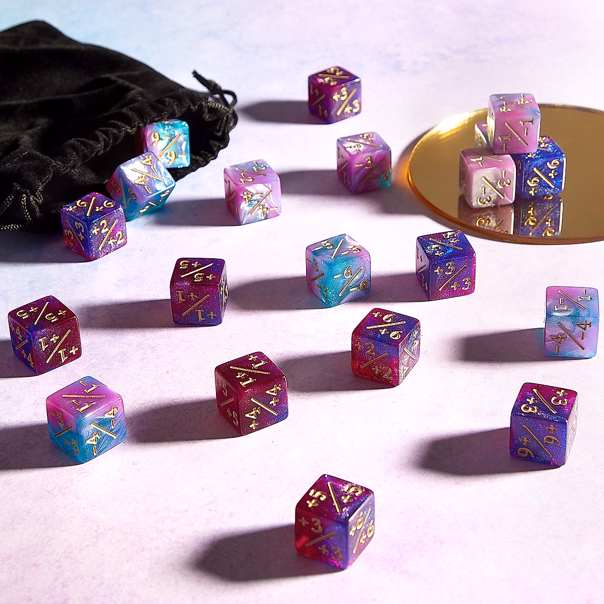 Sumind 48 Pieces MTG Dice Counters Token Dice Compatible with Magic The Gathering Dice Glitter D6 Dice Cube Loyalty Counter Dice Compatible with MTG, CCG, Card Gaming Accessory (Trendy Style)