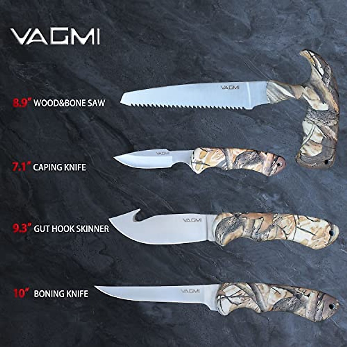 VAGMI Hunting Knife Set -5 Pieces of Portable Butcher Game Processing Set ， Hunting Knife for Men ，for Deer Hunting ，Survival, Camping, Fishing, Meat,with Storage Case