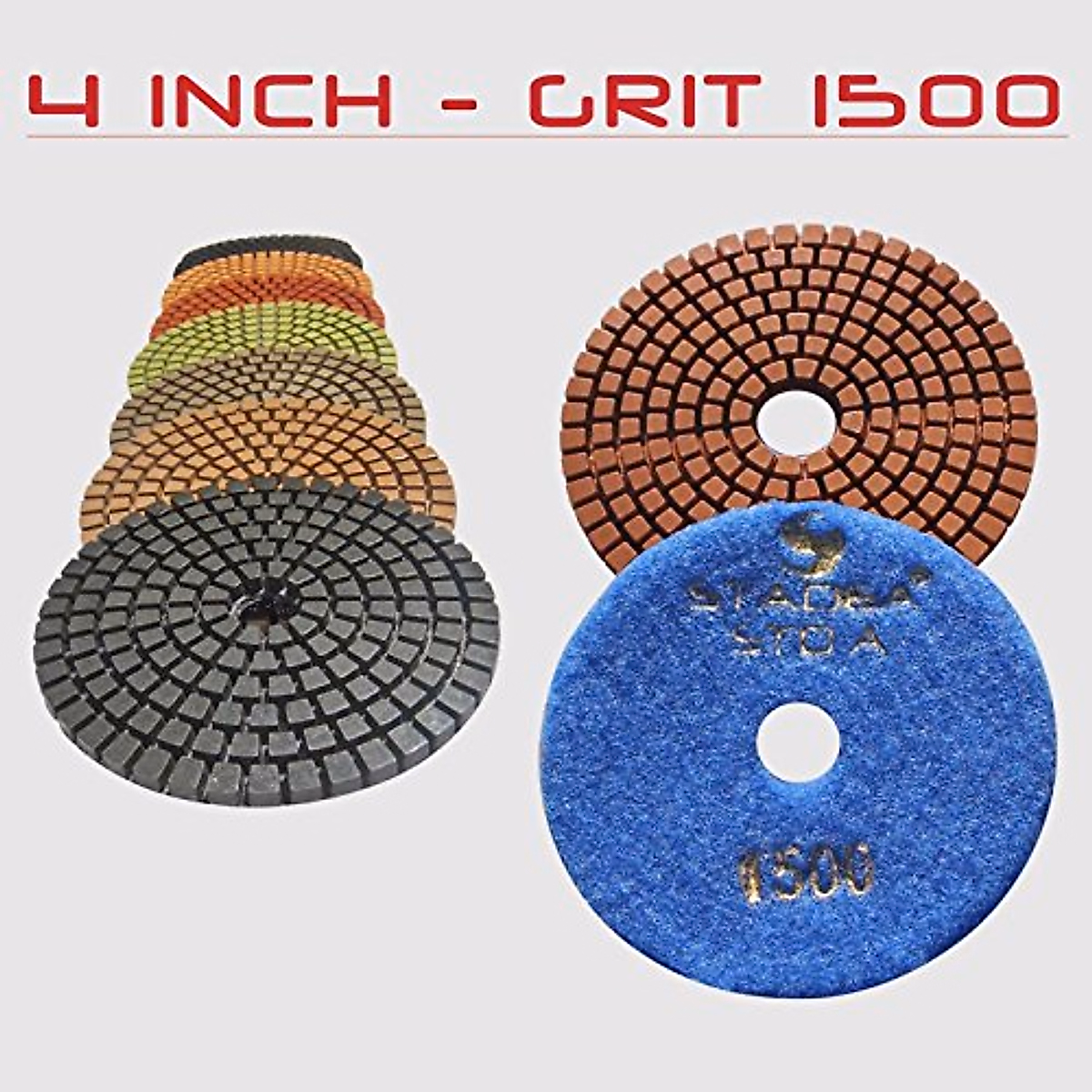 STADEA Premium Grade Wet 4" Diamond Polishing Pads Set + Rubber Backer For GRANITE MARBLE STONE