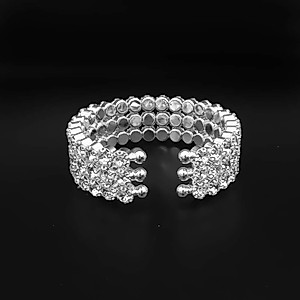 JSEA Womens Silver Tone 6mm Rhinestone Open Cuff Bracelet Bangles Gold Tone Wedding Party Jewelry (Silver 3)