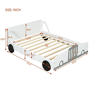 MiHunnor Kids Race Car Bed, Full Size Car-Shaped Platform Bed with Wheels, Wooden Low Platform Bed with Sturdy Slat Support for Boys Girls, No Box Spring Needed (White-002)