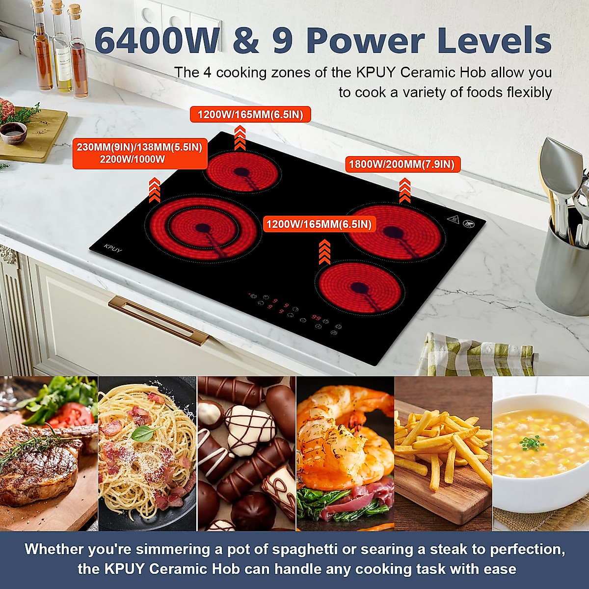 KPUY Electric Cooktop 24 Inch - 4 Burner Electric Cooktop & Electric Ceramic Cooktop, Electric Stove Top Sensor Touch with 9 Heating Level&Timer, 6000W, 220-240V for Hard Wire(No Plug)