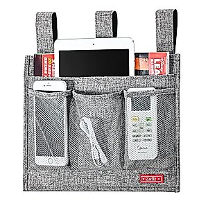 Zafit Linen Bedside Caddy, Bedside Storage Organizer for Hospital Beds, College Dorm Rooms or Baby Bed (Classic 4 Pockets Grey)