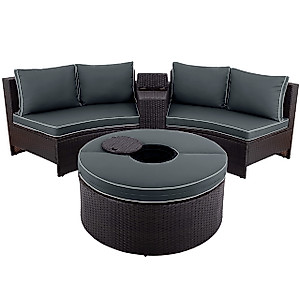 KLMM 6 Pieces Outdoor Sectional Conversation Set,Patio Half Round PE Wicker Furniture Sofa Set with 1 Storage Side Table for Umbrella,for Porch Lawn Garden Backyard Poolside