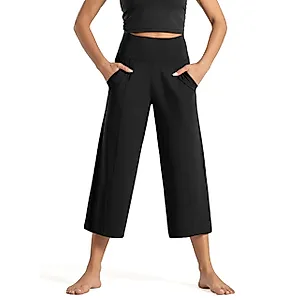 Tmustobe Womens Lounge Yoga Capris Pants Bootleg Tummy Control High Waist Workout Flare Crop Pants with Pockets (Black, Small)