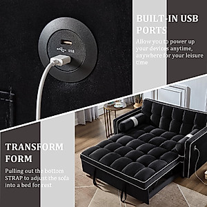 DS-HOMEPORT 3 in 1 Pull Out Convertible Sofa Bed with USB Ports - 55" Modern Velvet Sleeper Sofa with 3 Level Adjustable Backrest, Love Seat w/ 2 Pillows ＆ 2 Pockets for Bedroom (Full Size,Black)