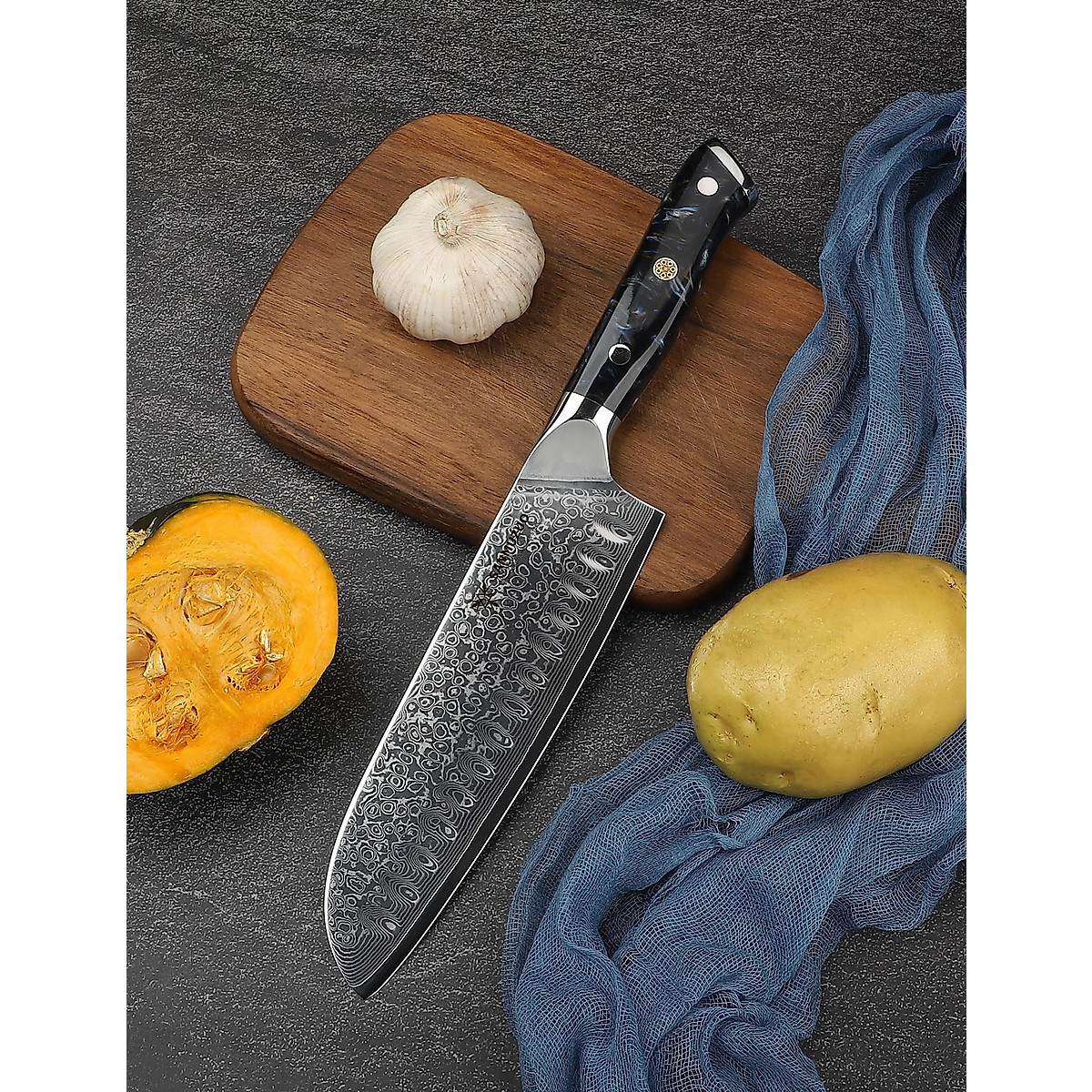 SANMUZUO Santoku Knife - 7 inch - Xuan Series - VG10 Damascus Steel Kitchen Knife - Resin Handle (Starry Black)