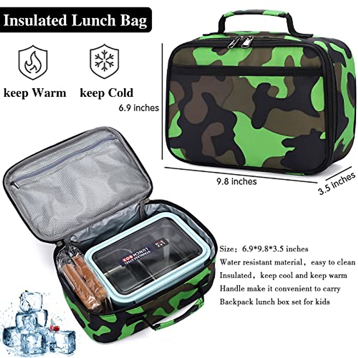 Yvechus Camo Backpack Set with Lunch Bag Lightweight Waterproof School Backpack Bookbag for Boys Girls (D-Style Camo Green)