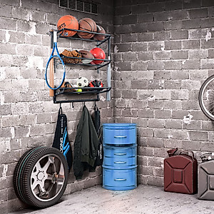 XCSOURCE Garage Sports Equipment Storage Rack with 3 Separate Shelf, Ball Rack, Sport Equipment Organizer with 4 Hooks for Badminton Racket, Basketball Rack for Basketball Football Rugby